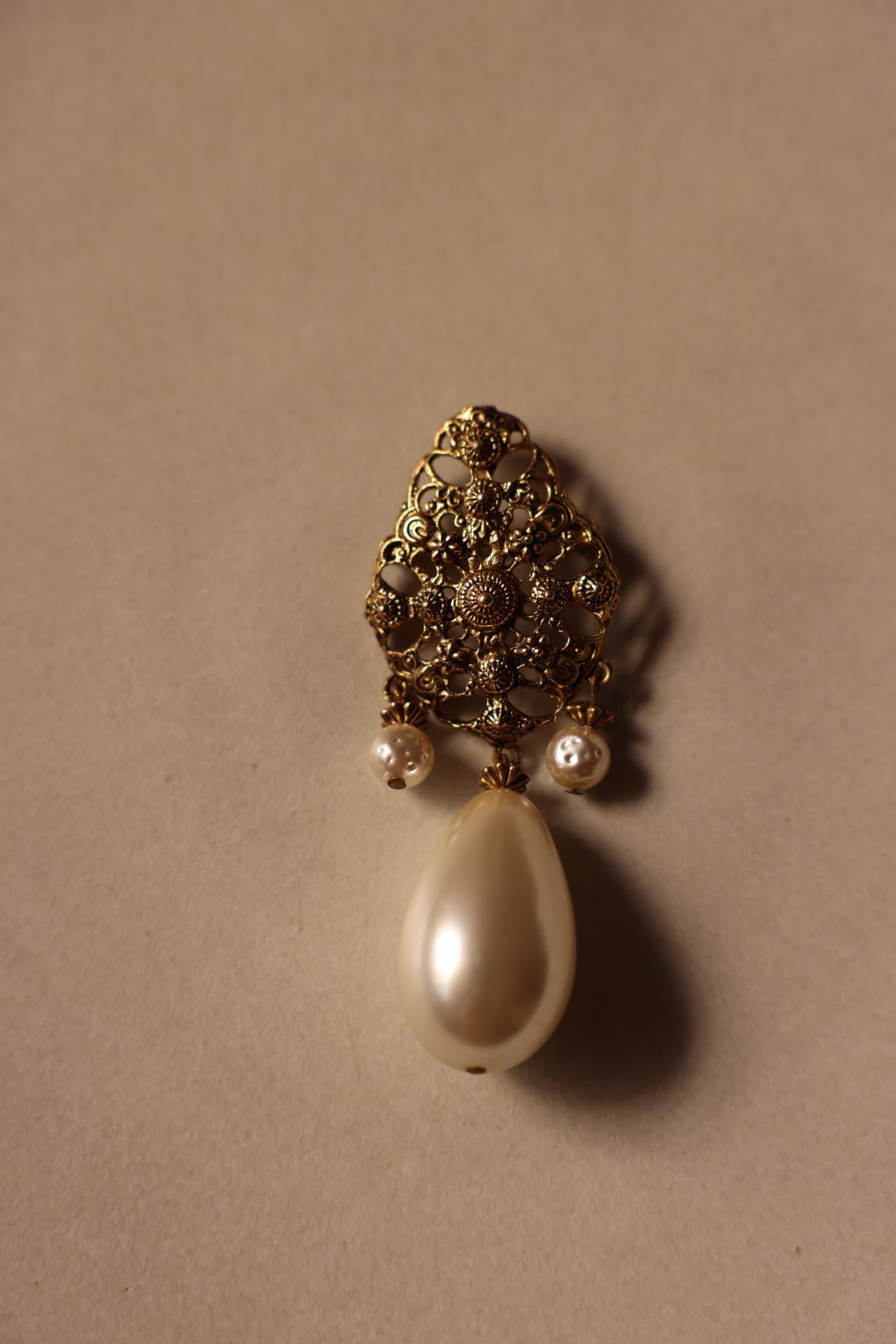 Gold-Tone Filigree Brooch with Faux Pearl Drop – Vintage Baazaar